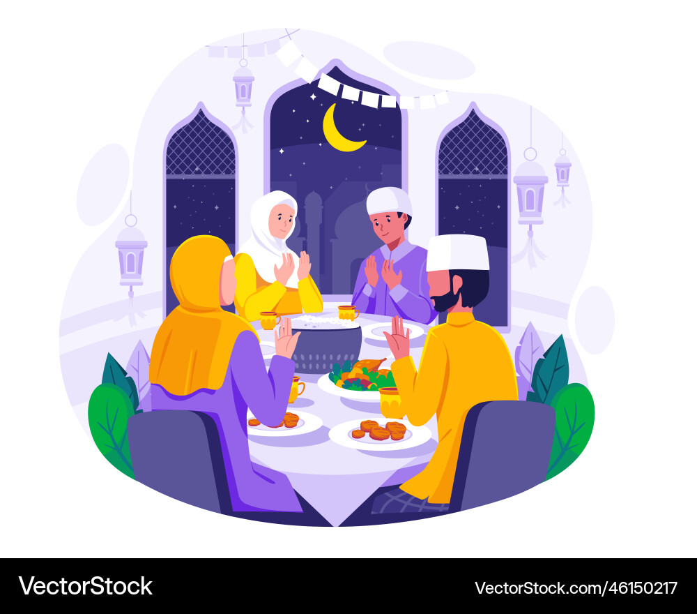 A muslim family praying before having iftar Vector Image