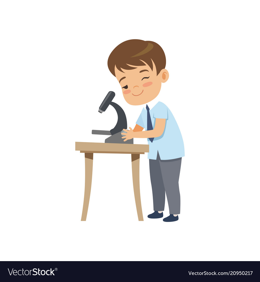 Cute boy using microscope at lesson pupil in Vector Image