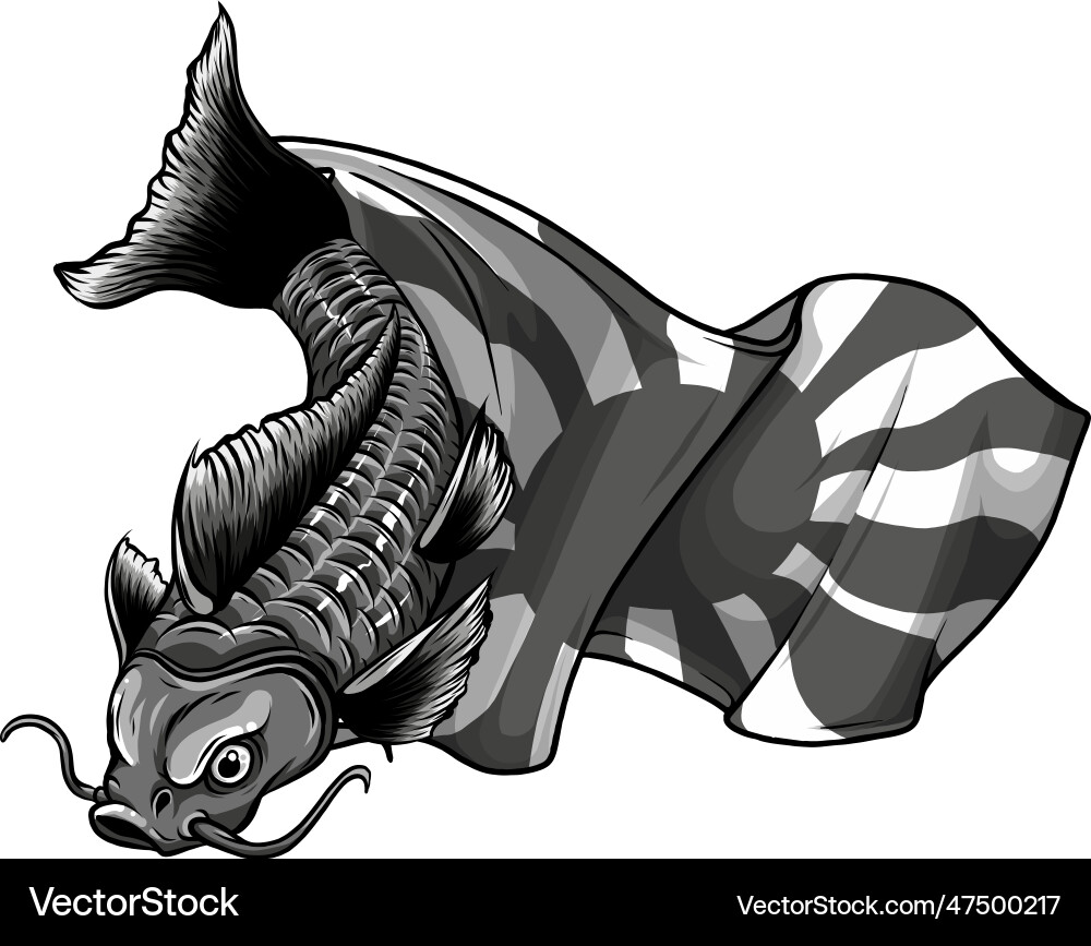 Monochromatic koi fish with rising sun flag Vector Image