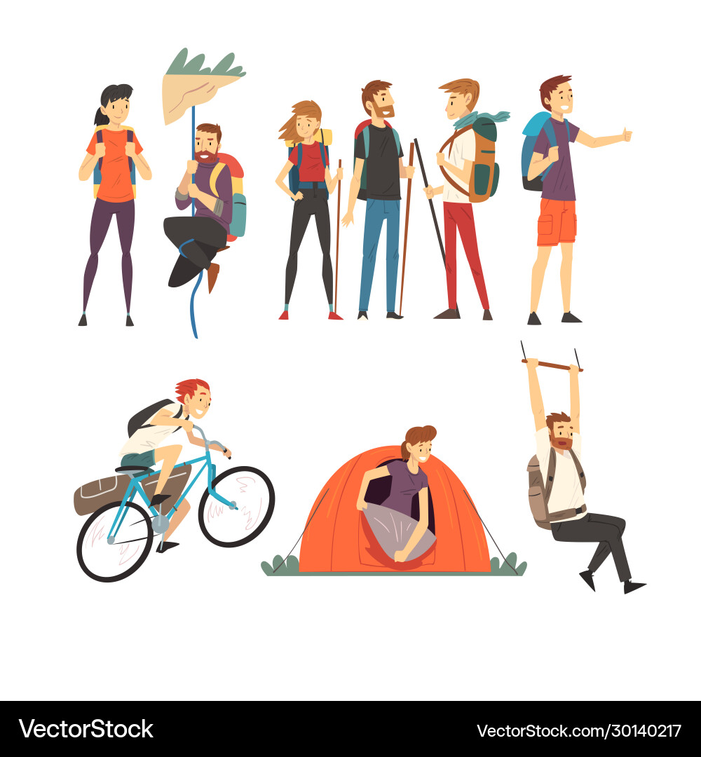 People with hiking backpacks engaged in active Vector Image
