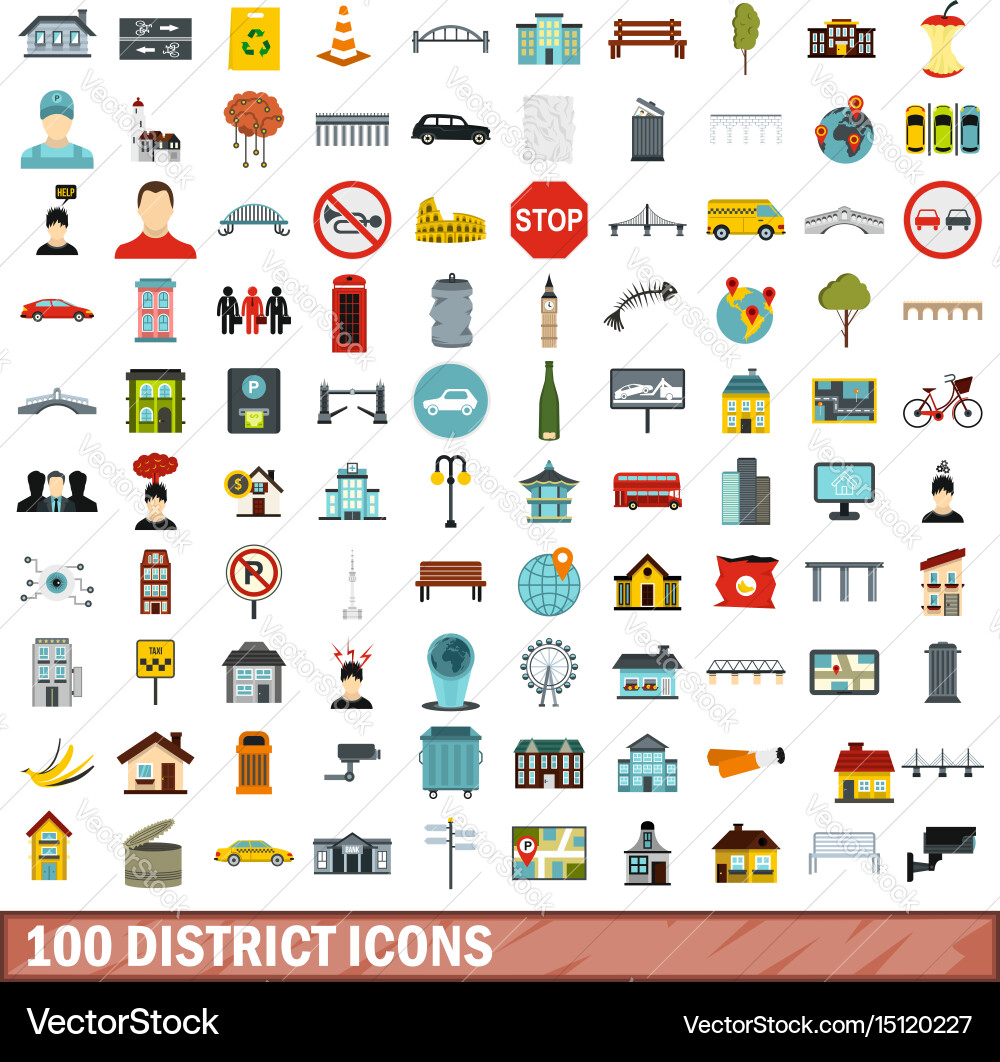 100 district icons set flat style Royalty Free Vector Image