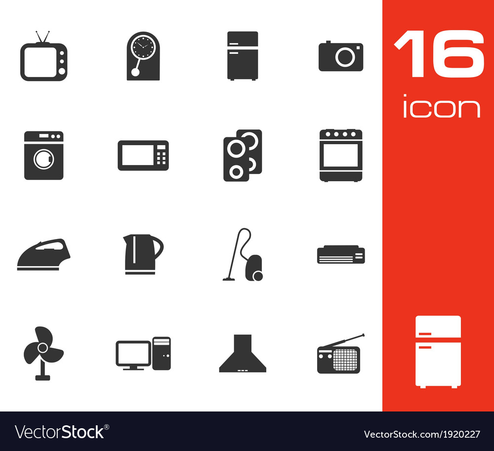 Black home appliances icon set on white background