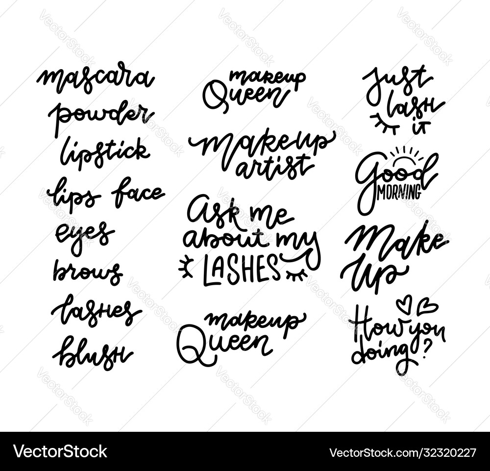 Lashes mascara makeup powder lipstick - lettering Vector Image