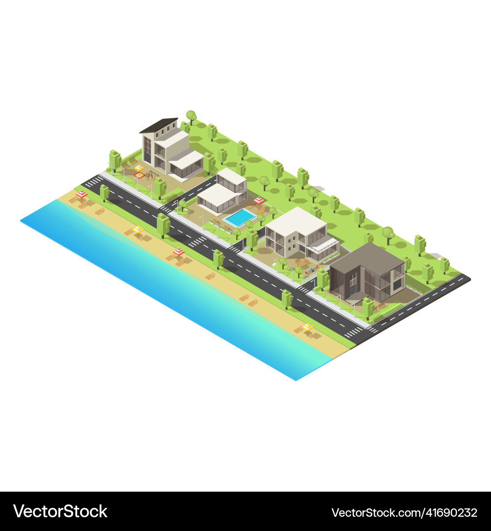 Isometric coastal suburban buildings concept Vector Image