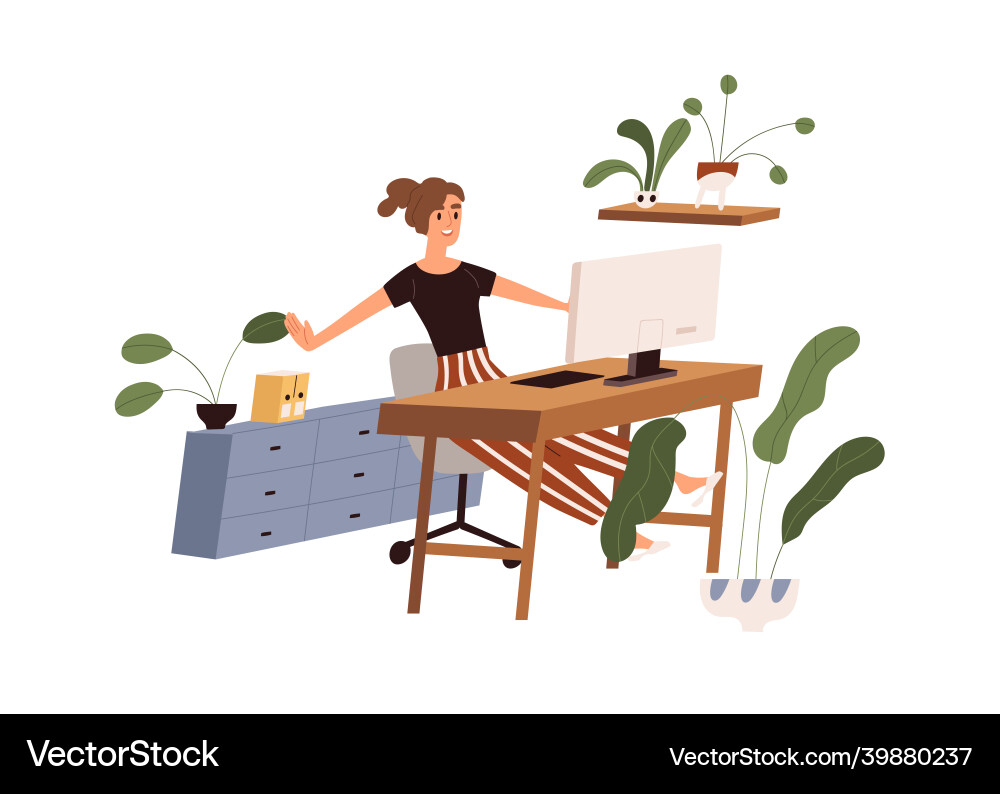 Happy office worker at workplace finishing her Vector Image