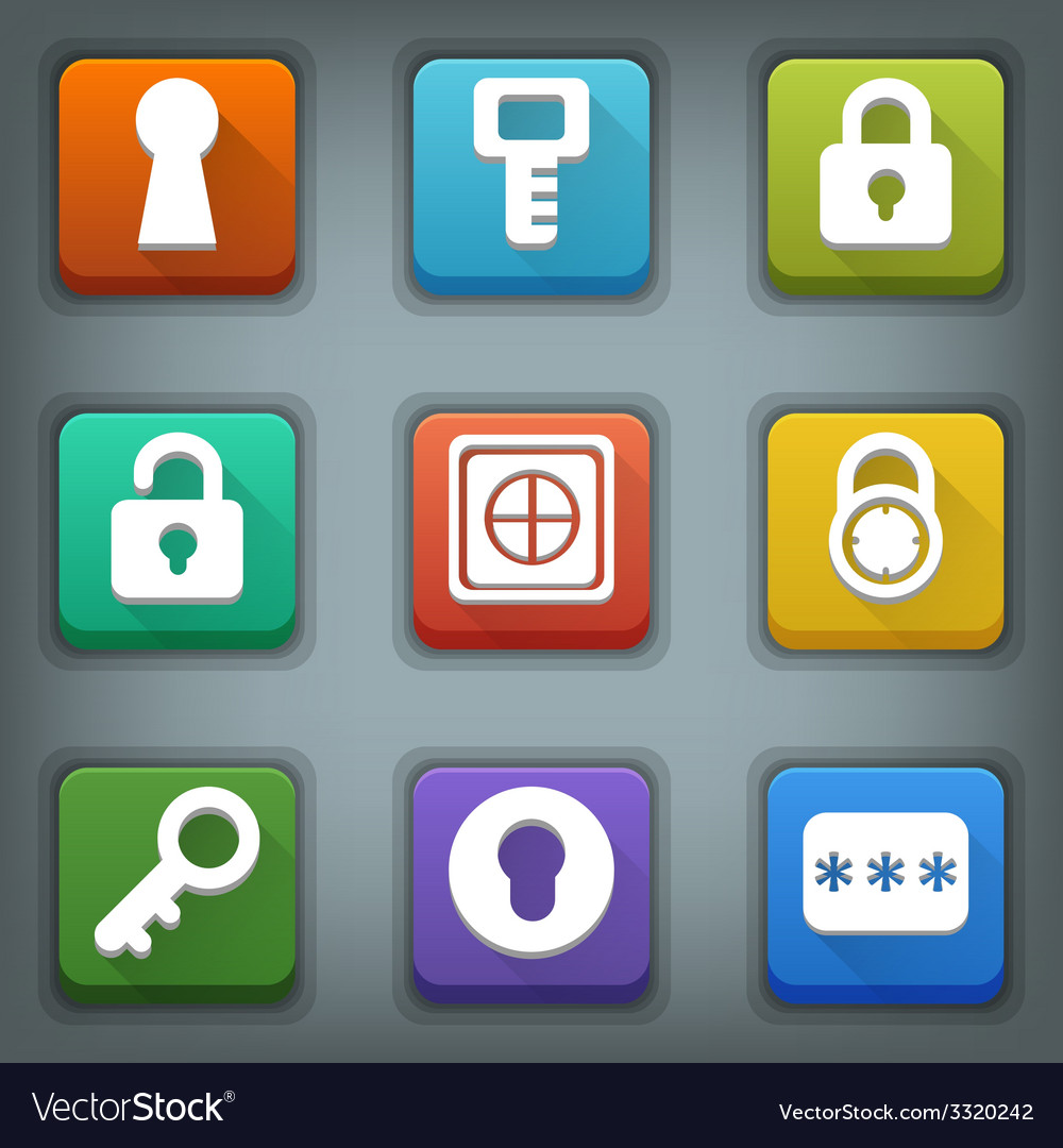 Flat icon set white symbols lock key password Vector Image