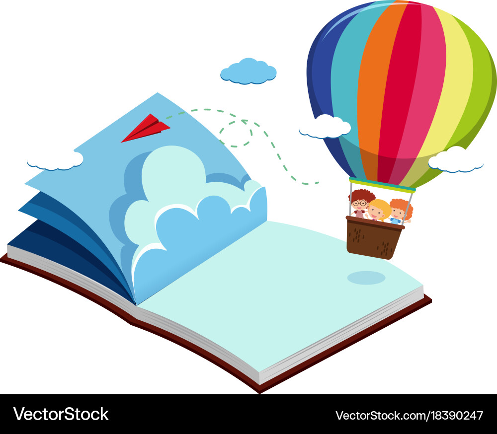 Children on balloon in blue book Royalty Free Vector Image