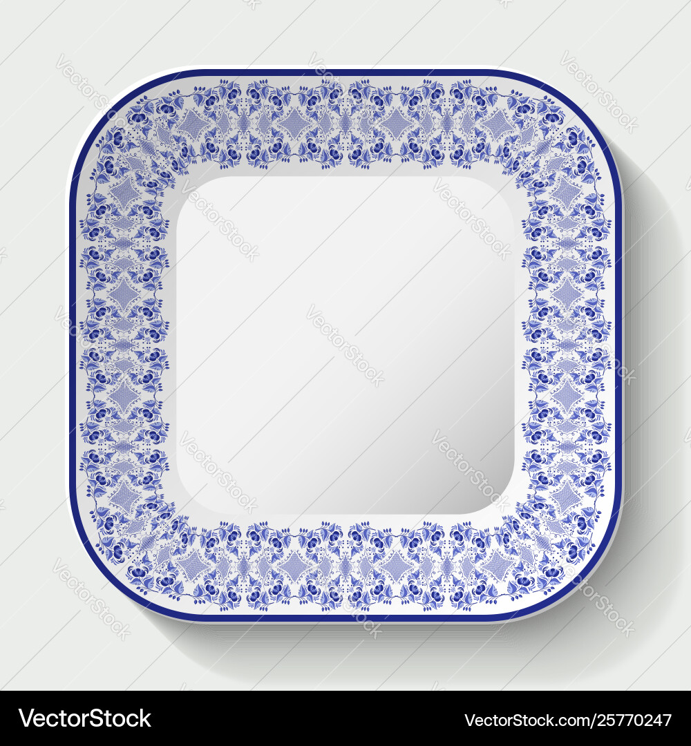 Decorative square plate with ornament in gzhel Vector Image