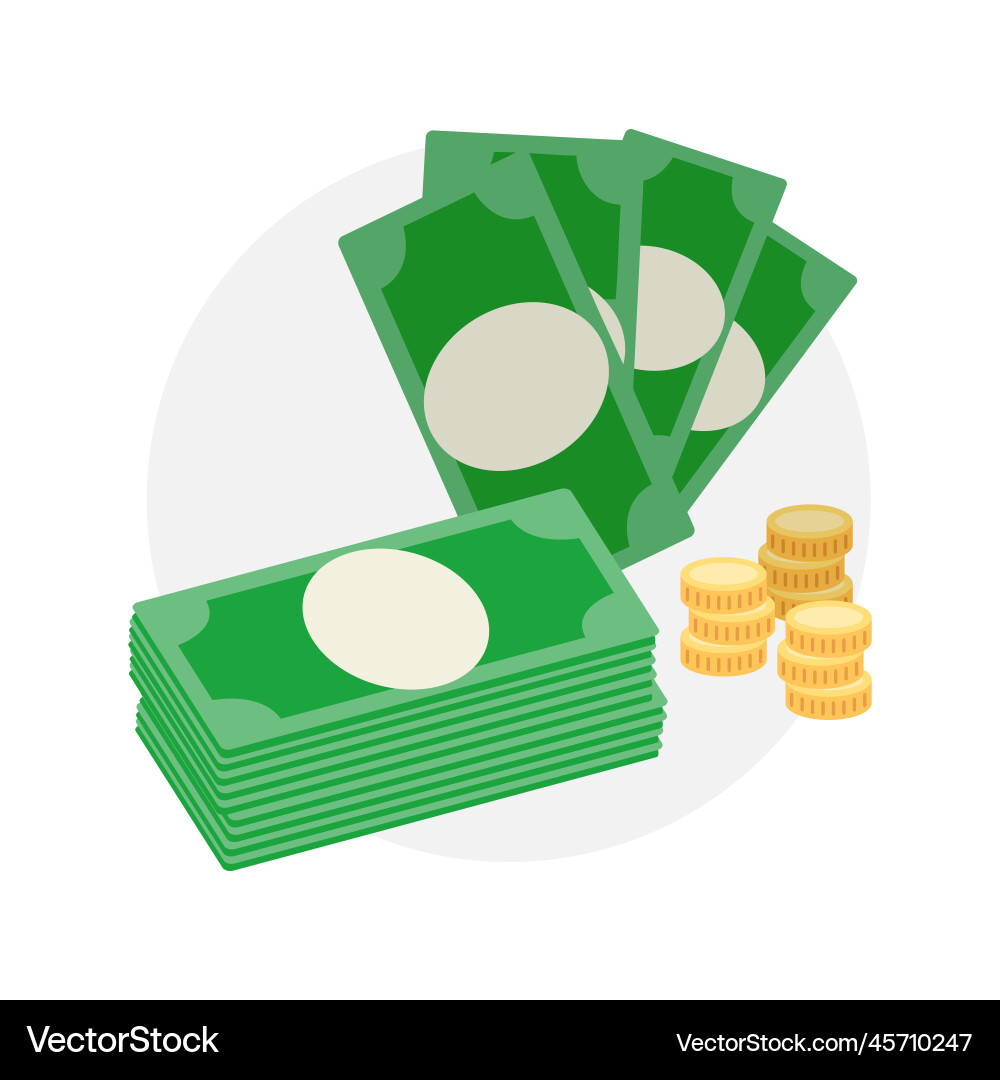 Dollar banknotes and a stack of gold coins Vector Image