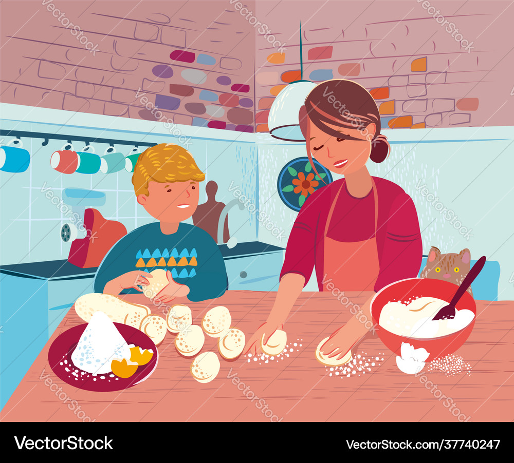 Family preparing food in kitchen Royalty Free Vector Image