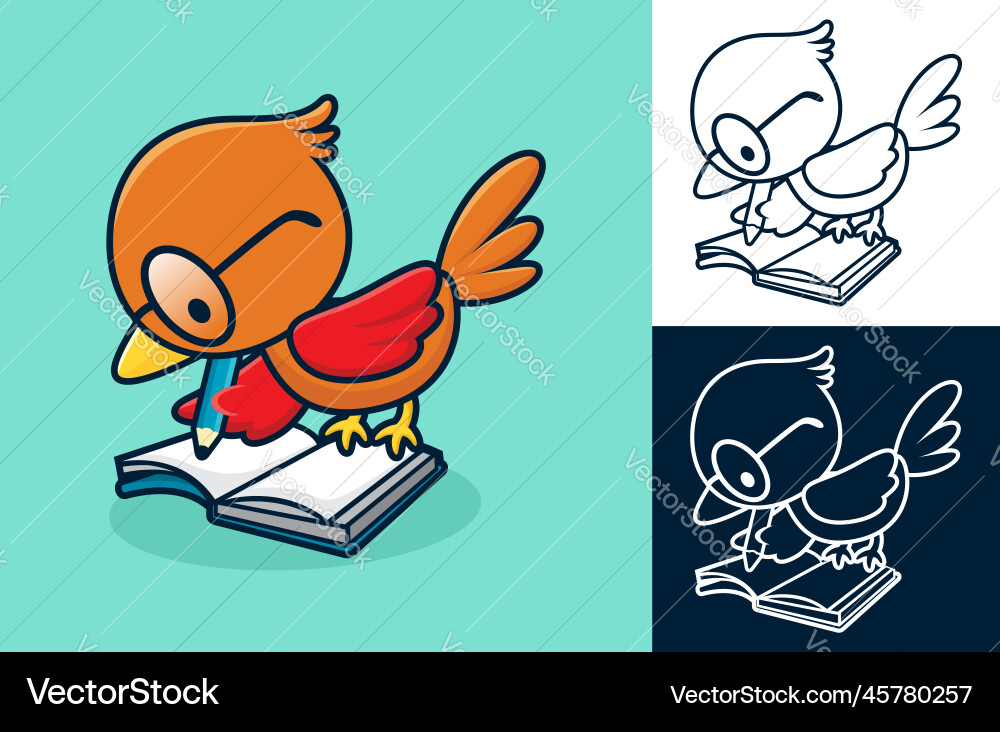 Cute bird use glasses writing in a book Royalty Free Vector