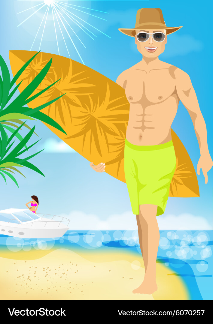 Young surfer with his board on the beach Vector Image