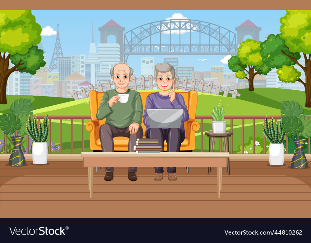 Senior couple using laptop at park Royalty Free Vector Image Senior couple using laptop at park Royalty Free Vector Image