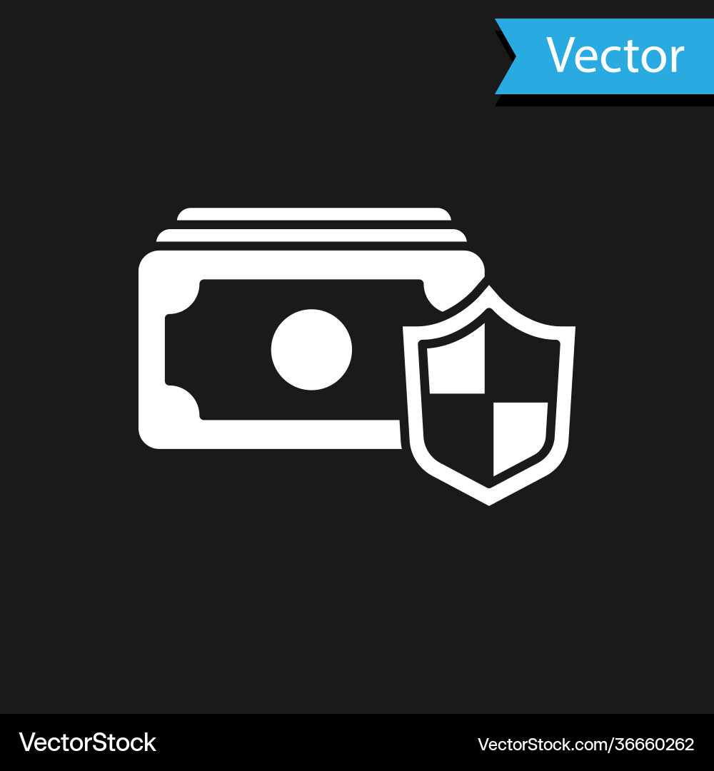 White money with shield icon isolated on black Vector Image