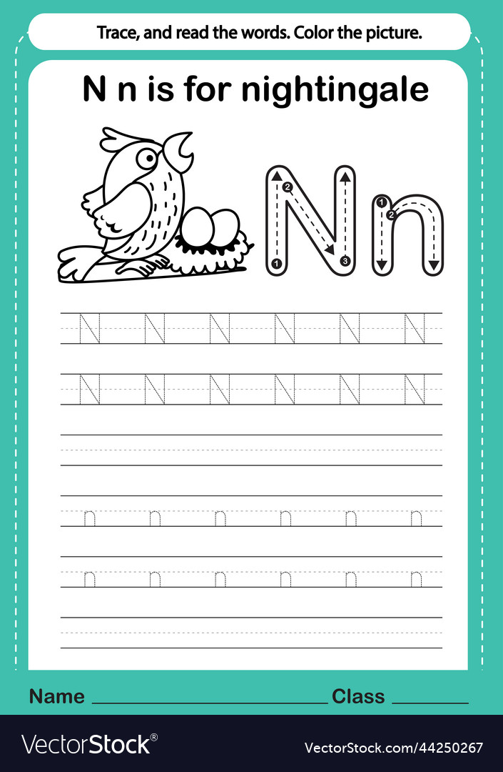 Alphabet n exercise with cartoon vocabulary Vector Image