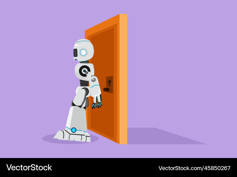 Graphic flat design drawing robot pushing door Vector Image