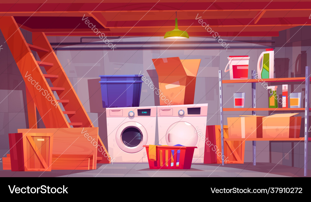 Laundry in basement cartoon home cellar interior Vector Image