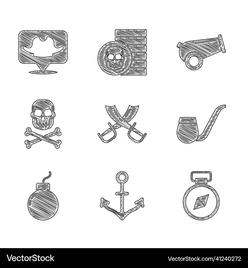 Set crossed pirate swords anchor compass Vector Image