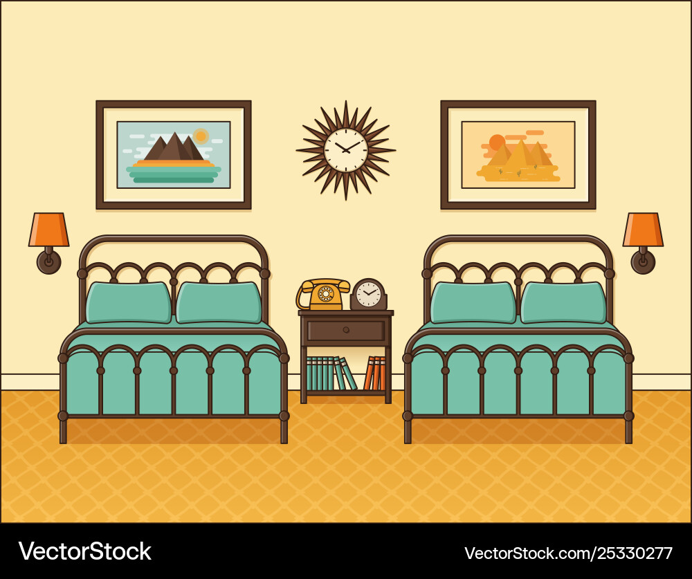 Bedroom retro interior hotel room in flat design Vector Image