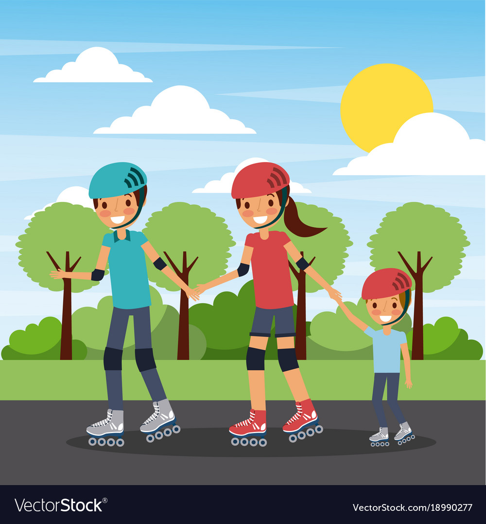 Family practicing roller skate in the park Vector Image