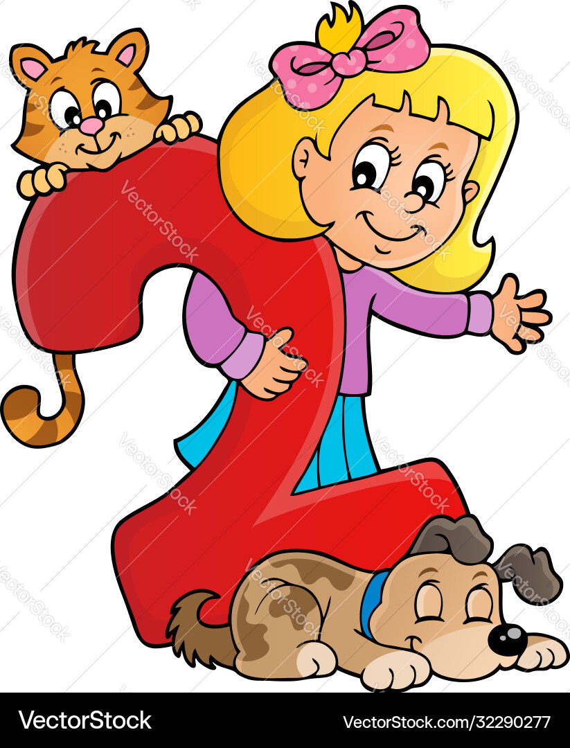 Girl and pets with number two Royalty Free Vector Image