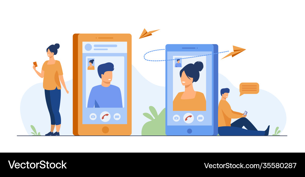 Couple with smartphones talking through video call