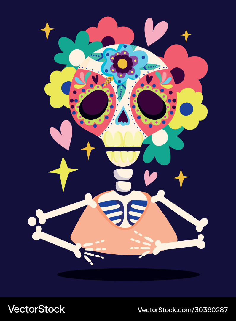 Day dead skeleton skull flowers decoration Vector Image