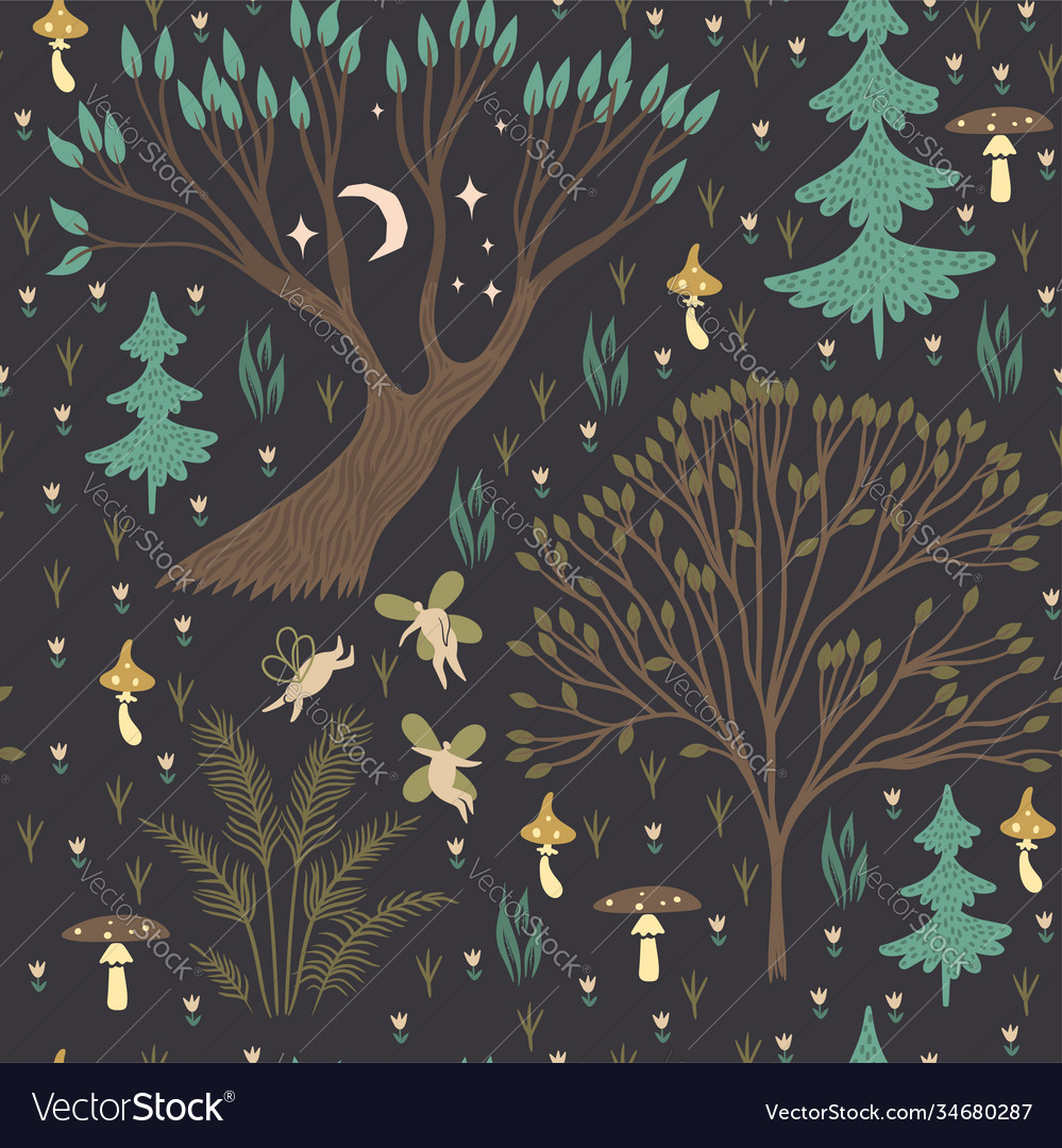 Magic forest seamless pattern on a dark background