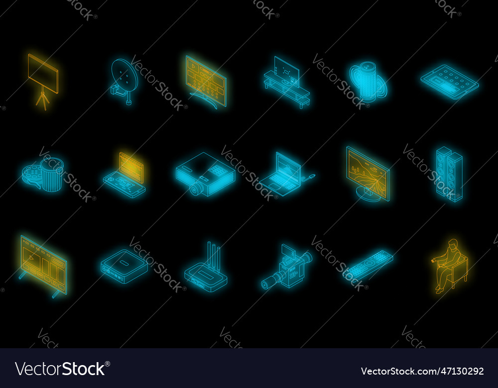 Interactive tv icons set neon Royalty Free Vector Image