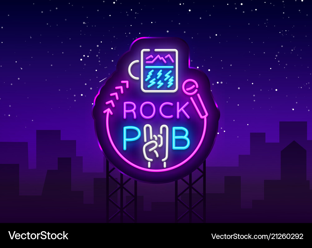 Rock pub logo neon bar sign Royalty Free Vector Image
