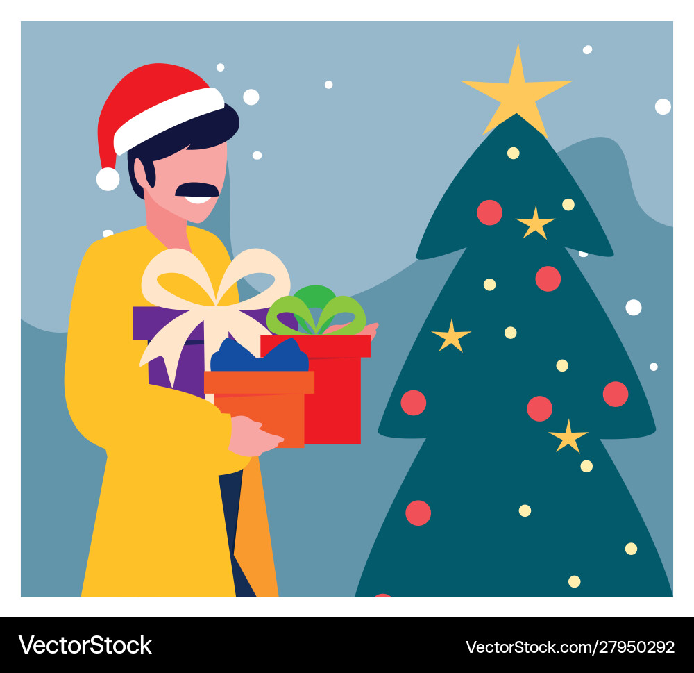 Scene man with christmas tree and boxes gift Vector Image