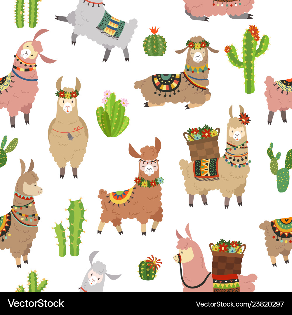 Llama seamless pattern baby llamas cute alpaca Vector Image