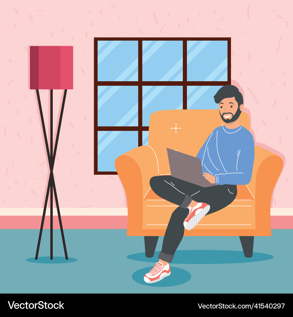 Man using laptop in livingroom Royalty Free Vector Image