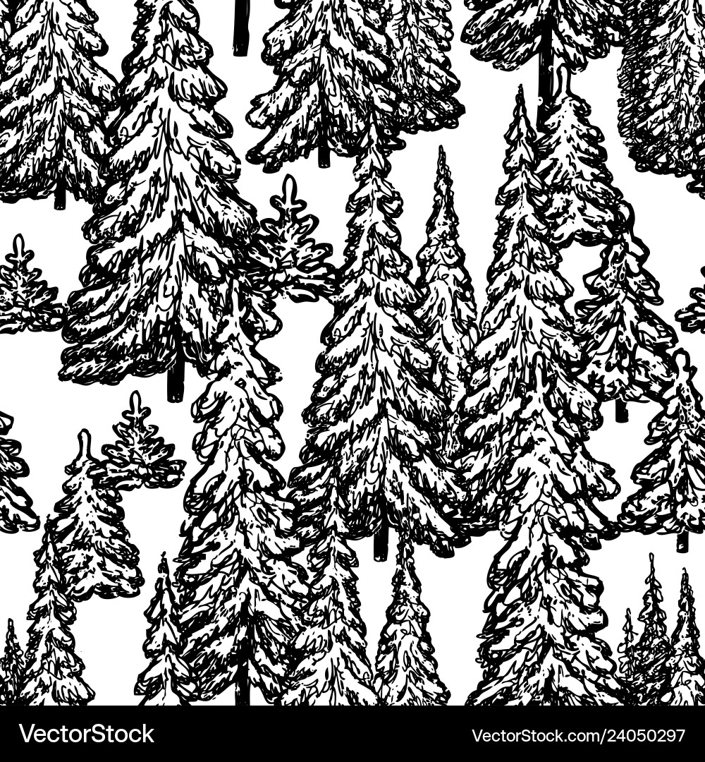 Seamless pattern of drawn fir forest Royalty Free Vector