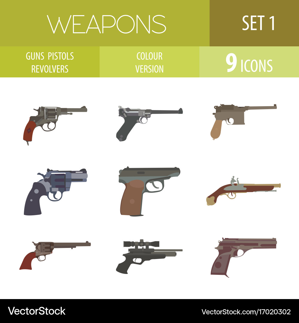 Firearm set guns pistols revolvers flat design Vector Image