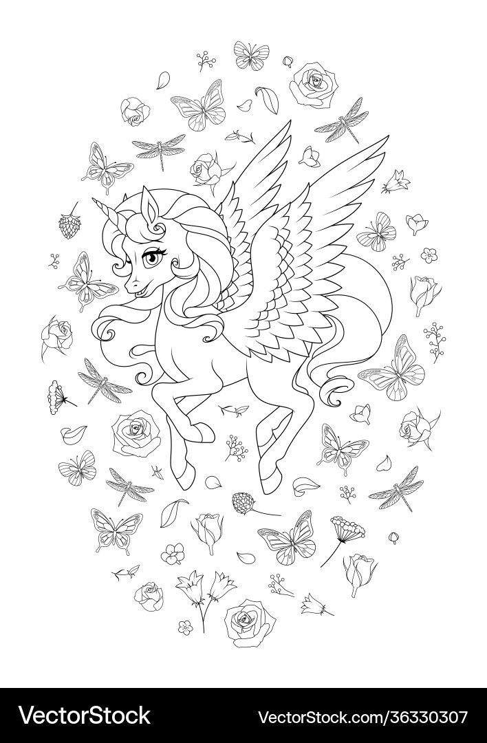 Cute flying pink unicorn with wings surrounded Vector Image