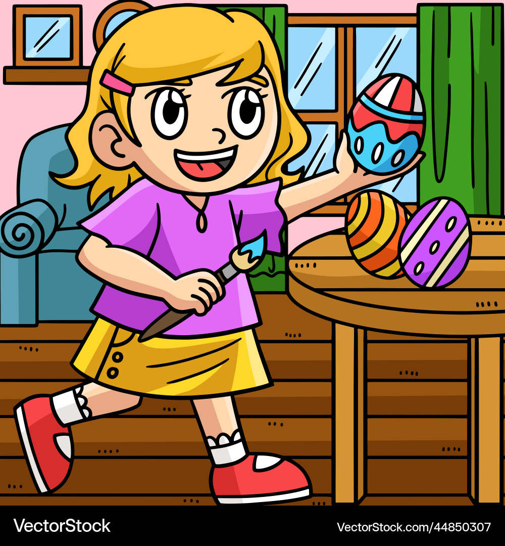 Girl painting easter egg colored cartoon Vector Image