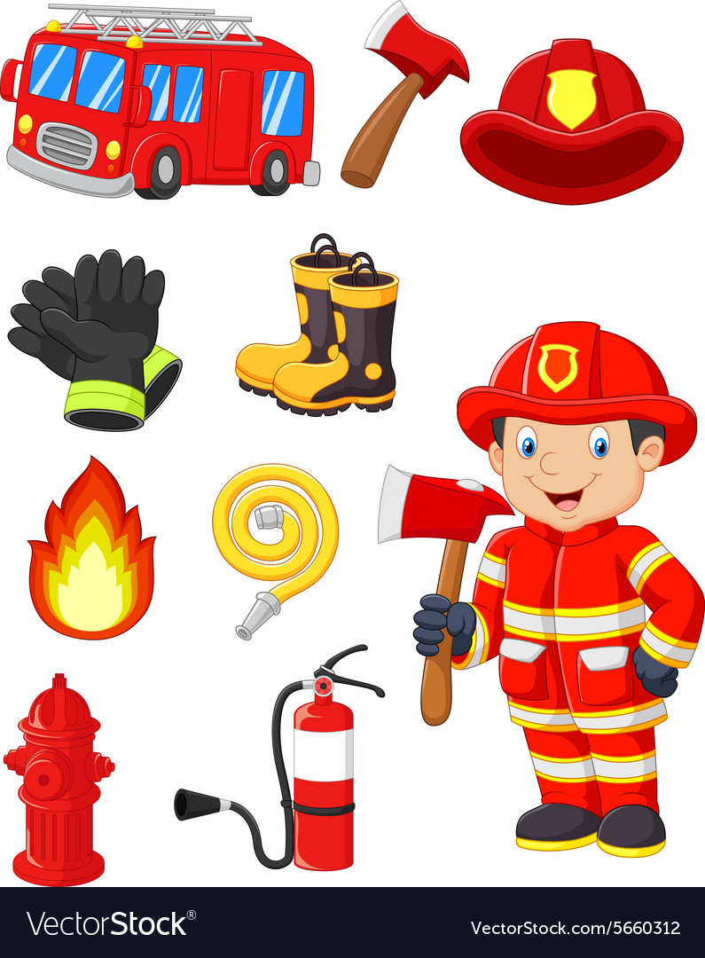 Cartoon collection fire equipment Royalty Free Vector Image