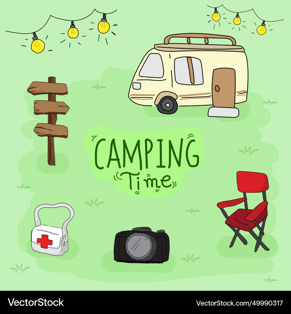 Hand drawn camping doodle style Royalty Free Vector Image