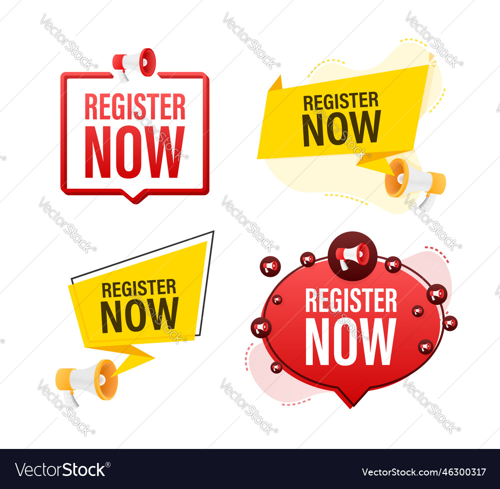 Megaphone label set with text register now Vector Image Megaphone label set with text register now Vector Image