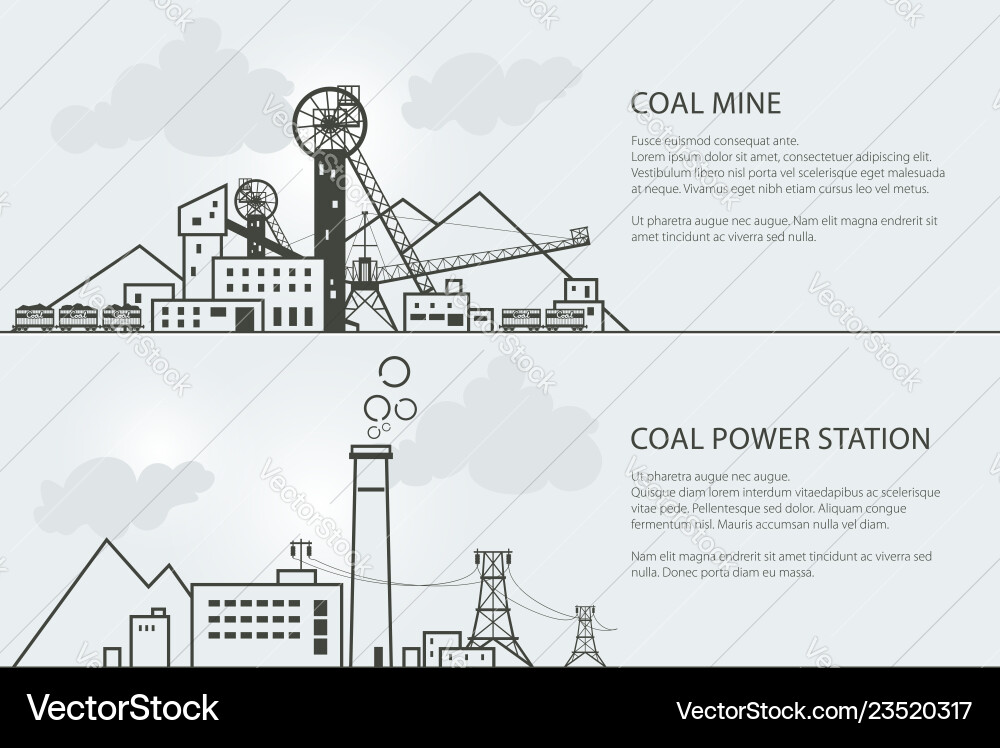 Set banners with coal mining and power station Vector Image