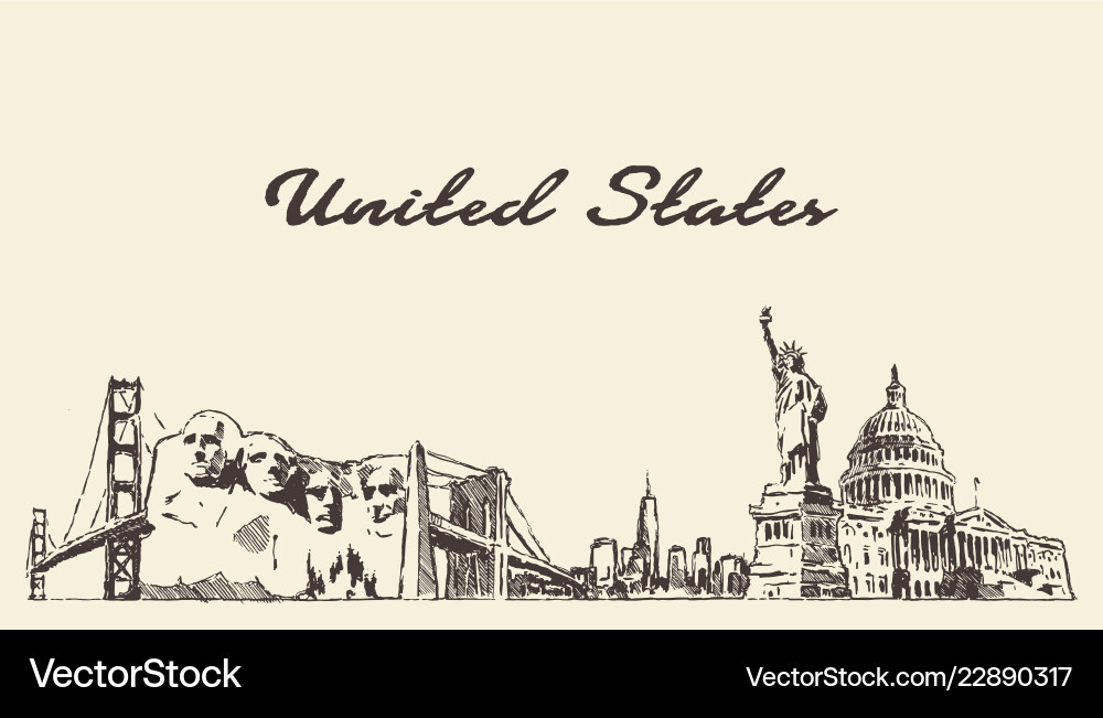 Usa skyline vintage engrav hand drawn Royalty Free Vector