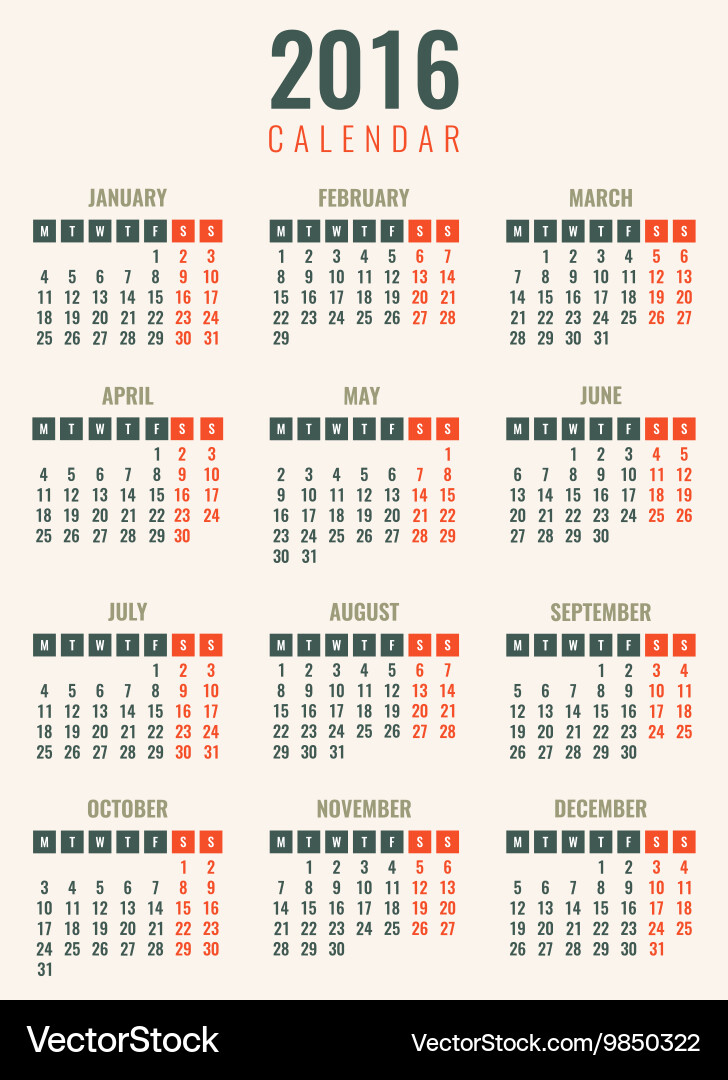 Calendar for 2016 week starts monday simple Vector Image