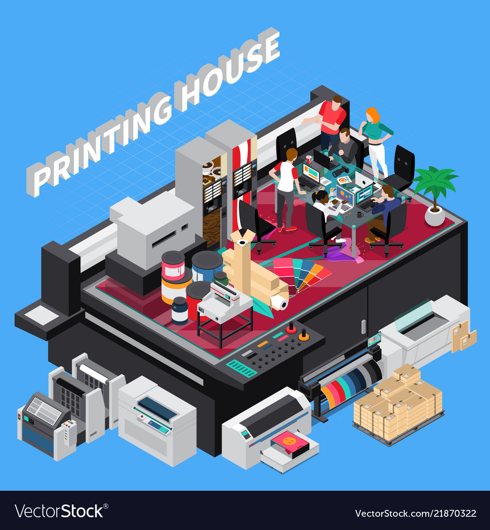 Printing house isometric composition Royalty Free Vector