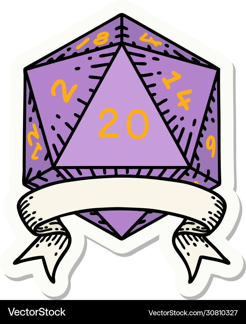 Natural 20 critical hit d20 dice roll sticker Vector Image