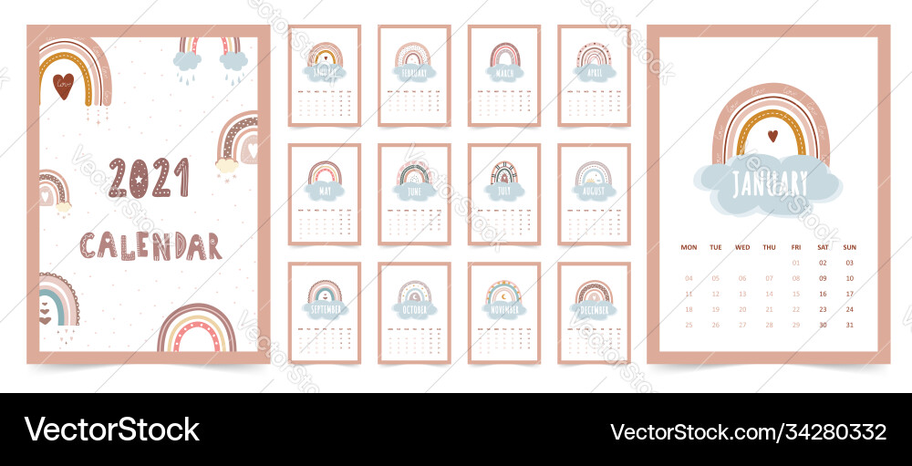Cute calendar 2021 with boho rainbow for children Vector Image