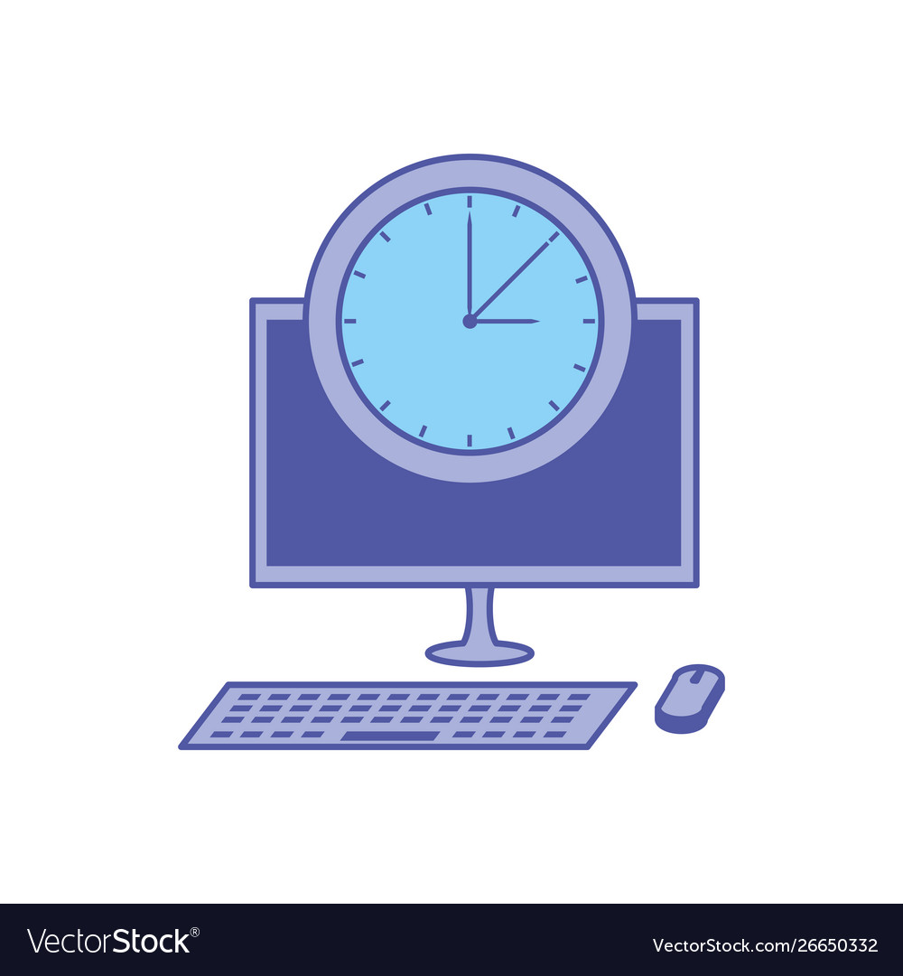 Desktop computer device with time clock Royalty Free Vector