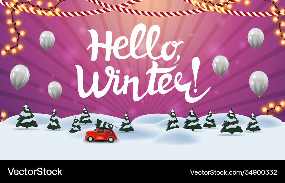 Hello winter pink card with beautiful lettering Vector Image