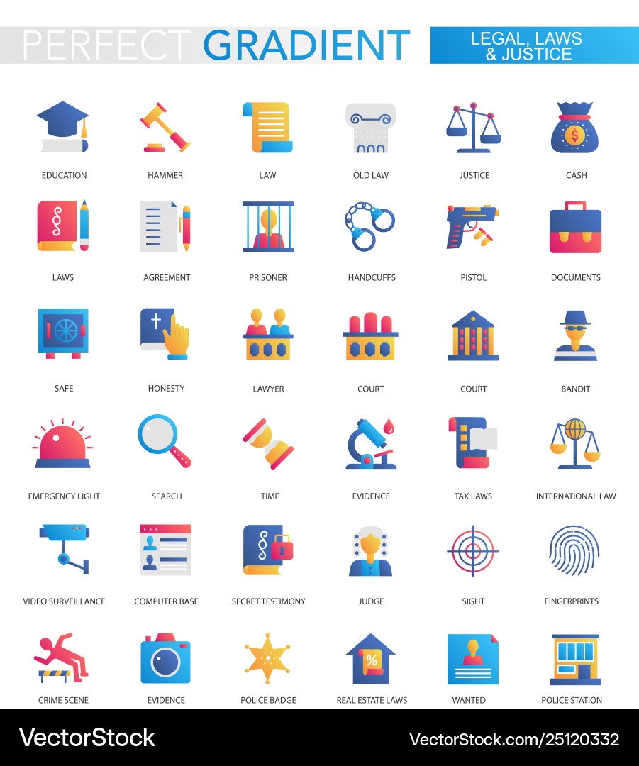 Set trendy flat gradient legal law Royalty Free Vector Image