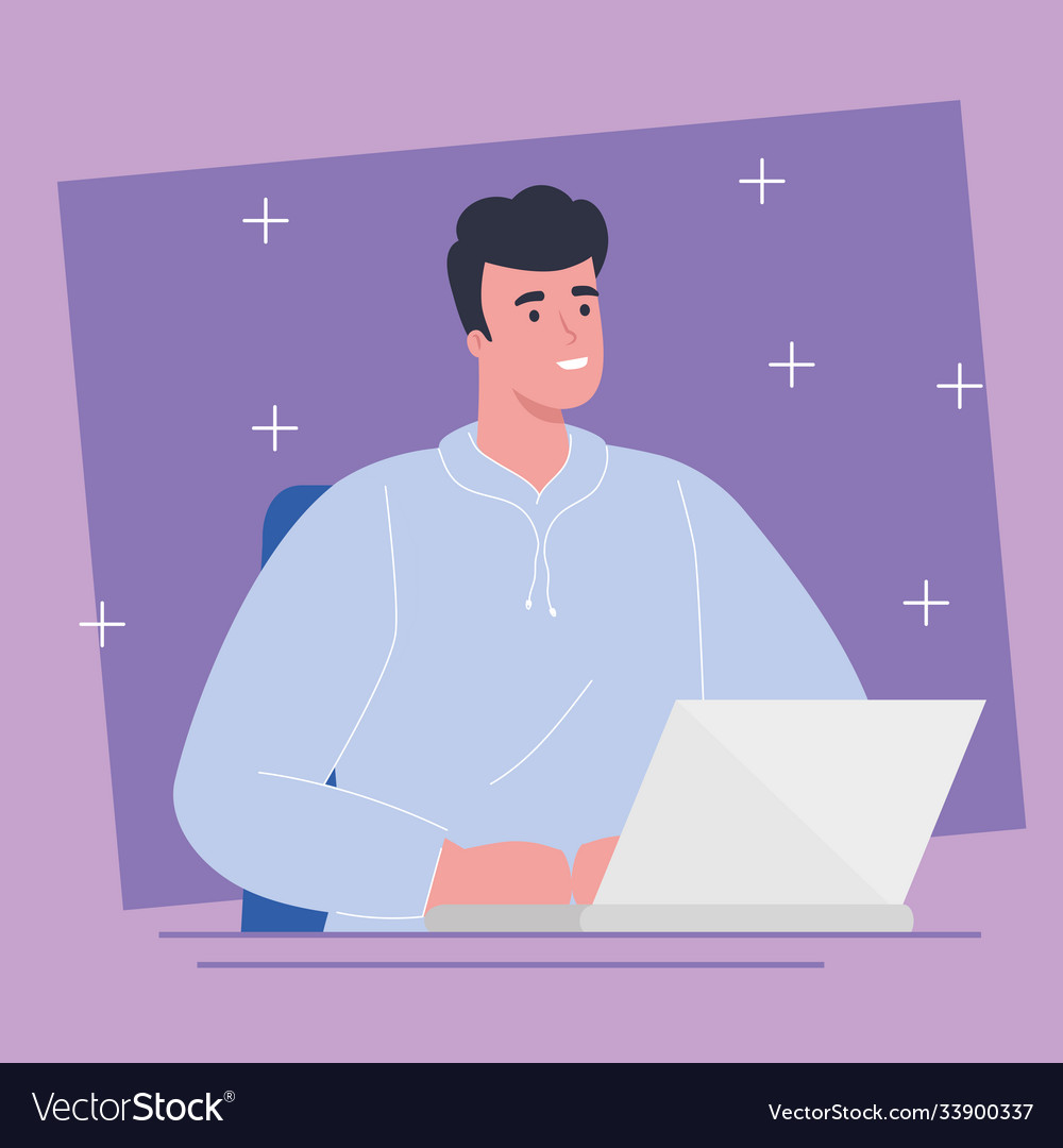 Young man using laptop computer device Royalty Free Vector